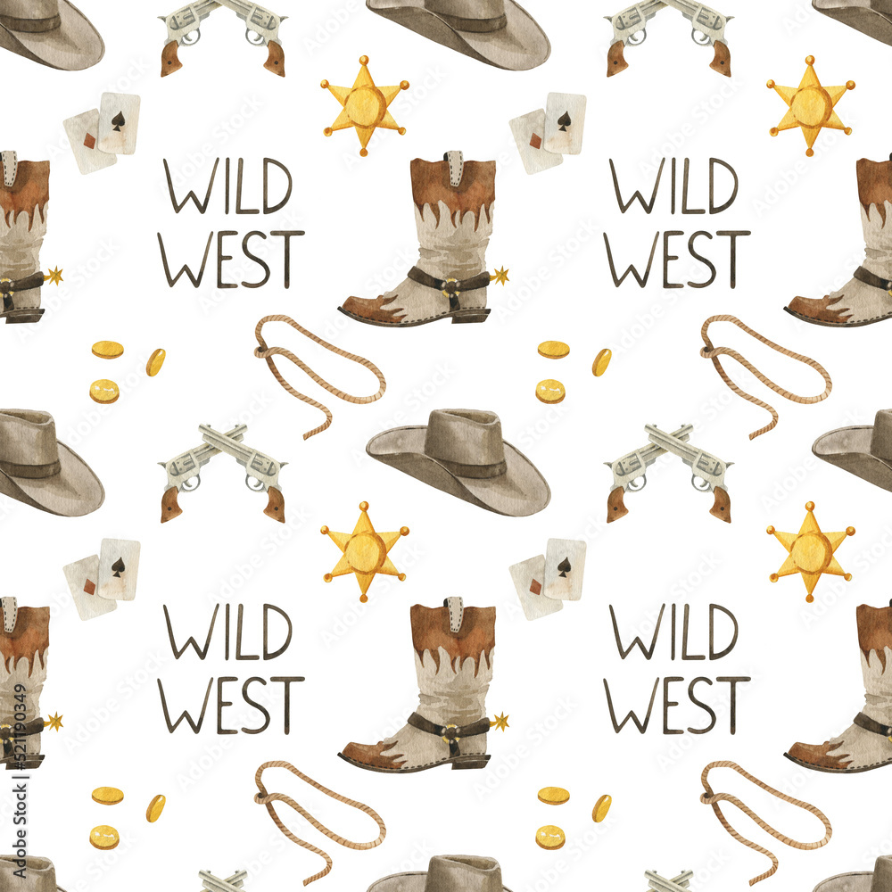 Wild West seamless pattern. Cowboy boots, lasso, cards, gold token ...