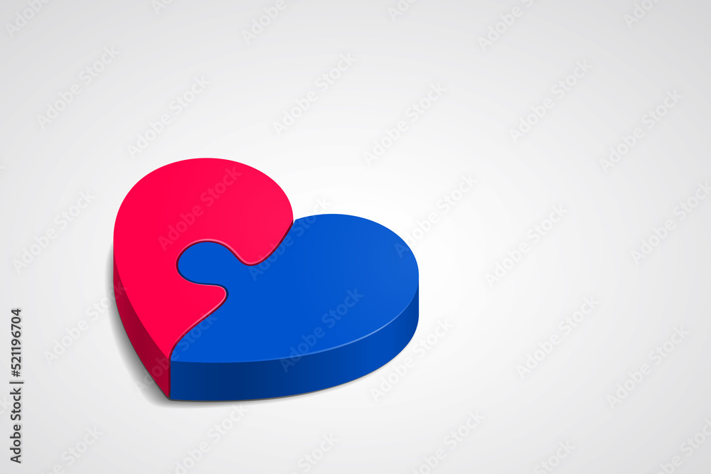 Red and blue puzzle pieces assembled and shaped like heart symbol Stock ...