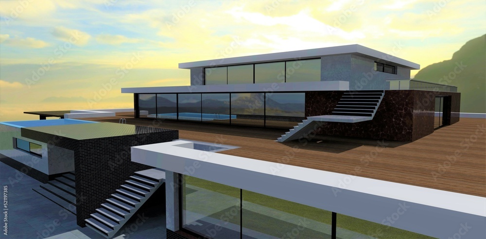 Wonderful terrace of a luxury home. Exclusive stairs to the lower and ...