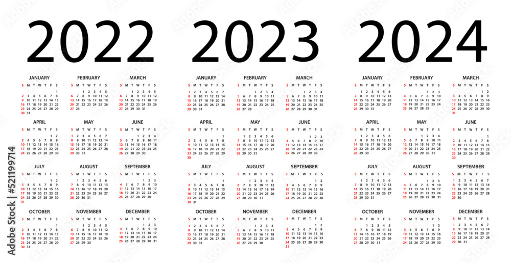 Calendar 2022, 2023, 2024 year - vector illustration. Week starts on ... Calendar 2022, 2023, 2024 year - vector illustration. Week starts on ...