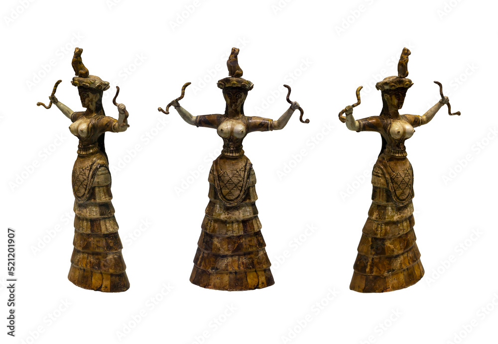 A set of three angles of one of the Serpent goddesses isolated on white ...