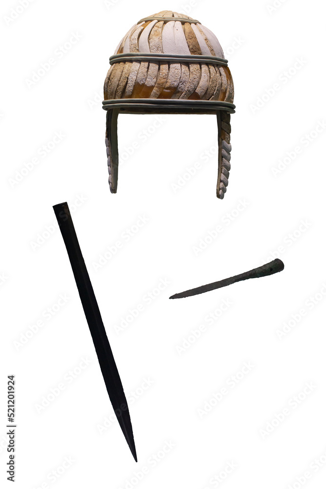 Restored boar's-tusk helmet with cheek-guards, of which the boar's ...