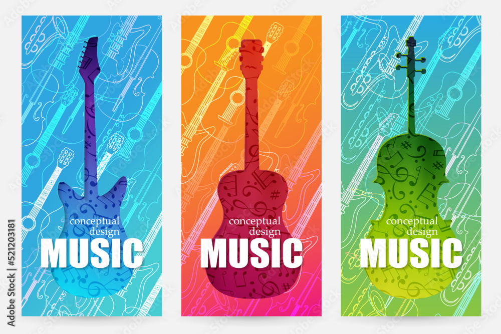 Creative colorful music poster. Vector banners with musical instrument ...
