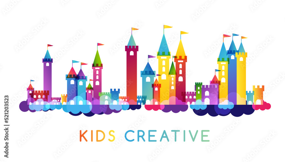 Kids imagination castle. Colorful childhood fantasy fort with rainbow ...