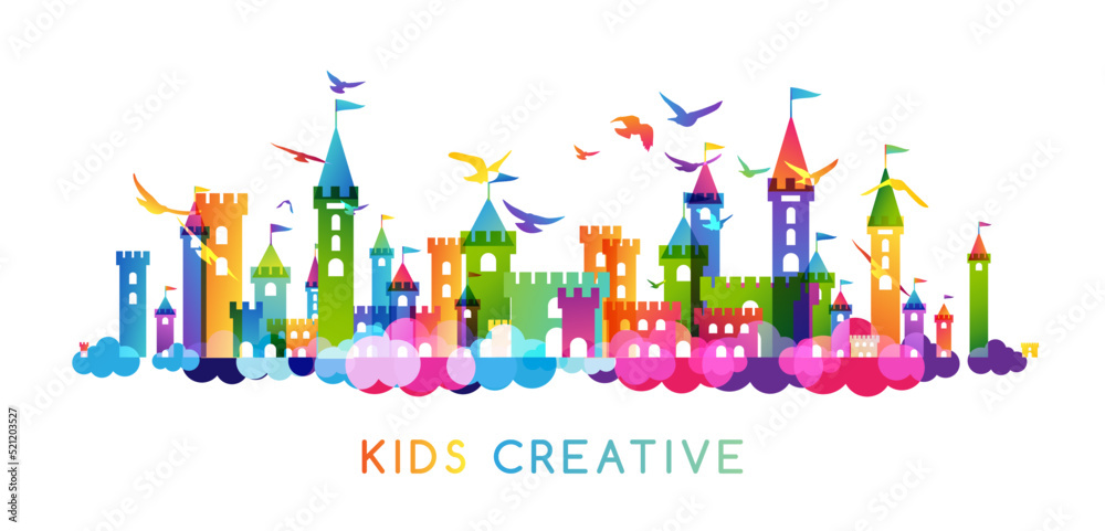 Kids imagination castle. Colorful childhood fantasy fort with rainbow ...