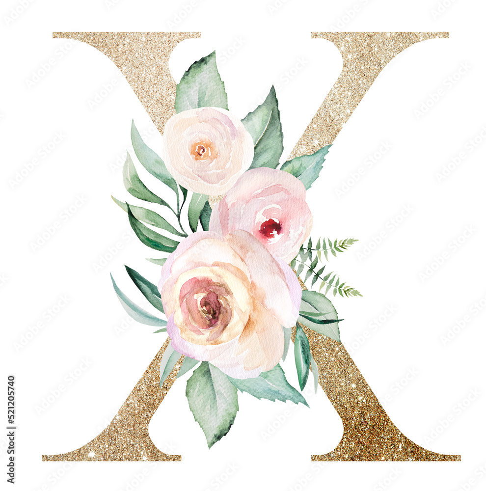 Light golden Letter X with watercolor roses and leaves. Pastel floral ...
