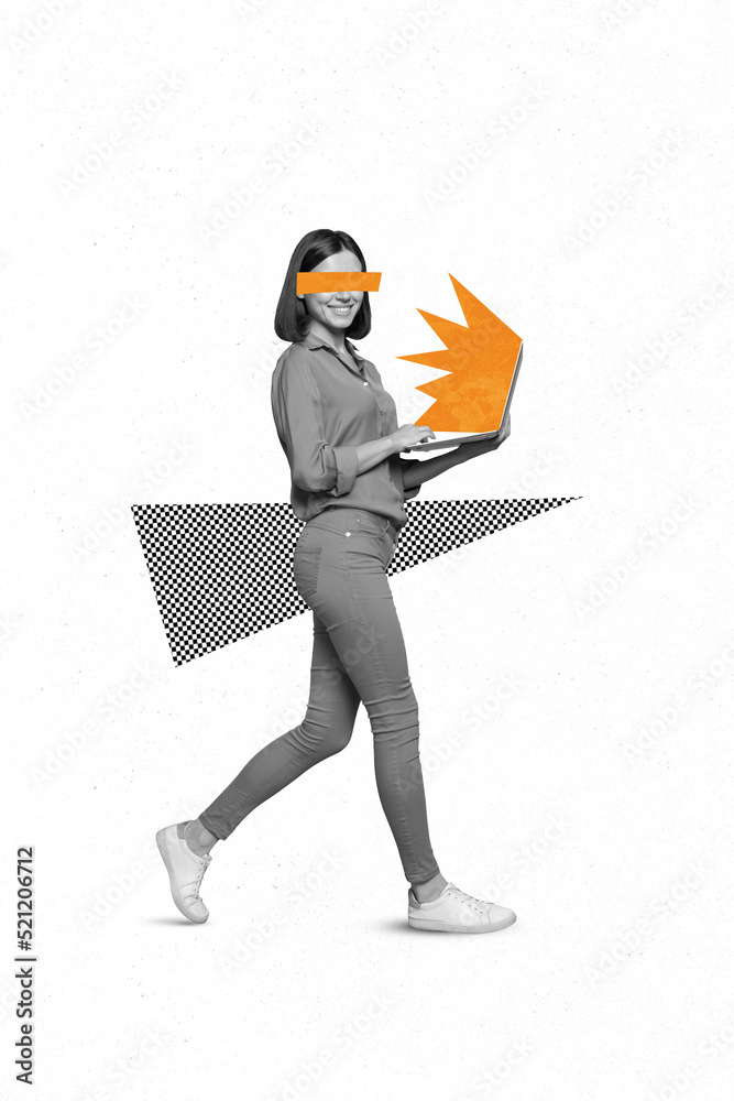 Vertical collage illustration of positive girl black white gamma walk ...