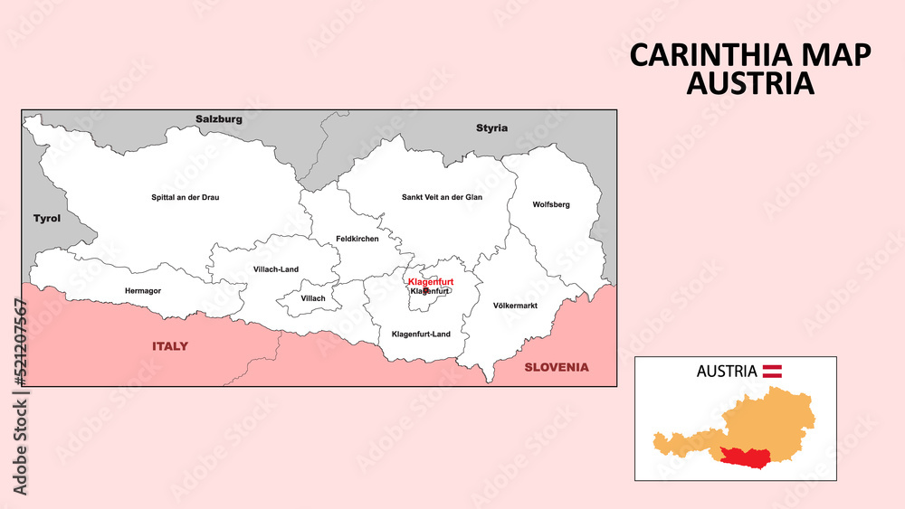 Fototapeta mapa świata dla dzieci Carinthia Map. State and district map of Carinthia ...