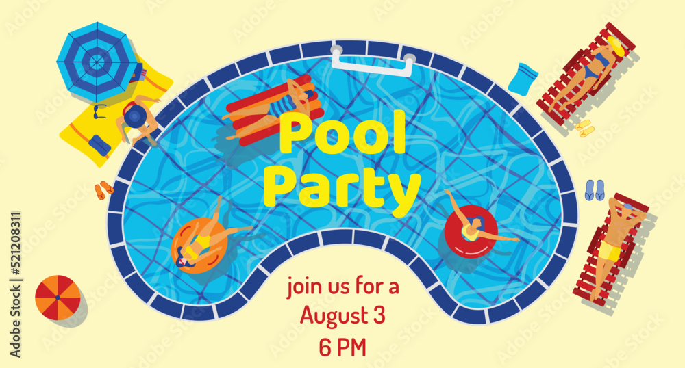 Pool party, top view. Group of people swim in water, sunbathing near ...