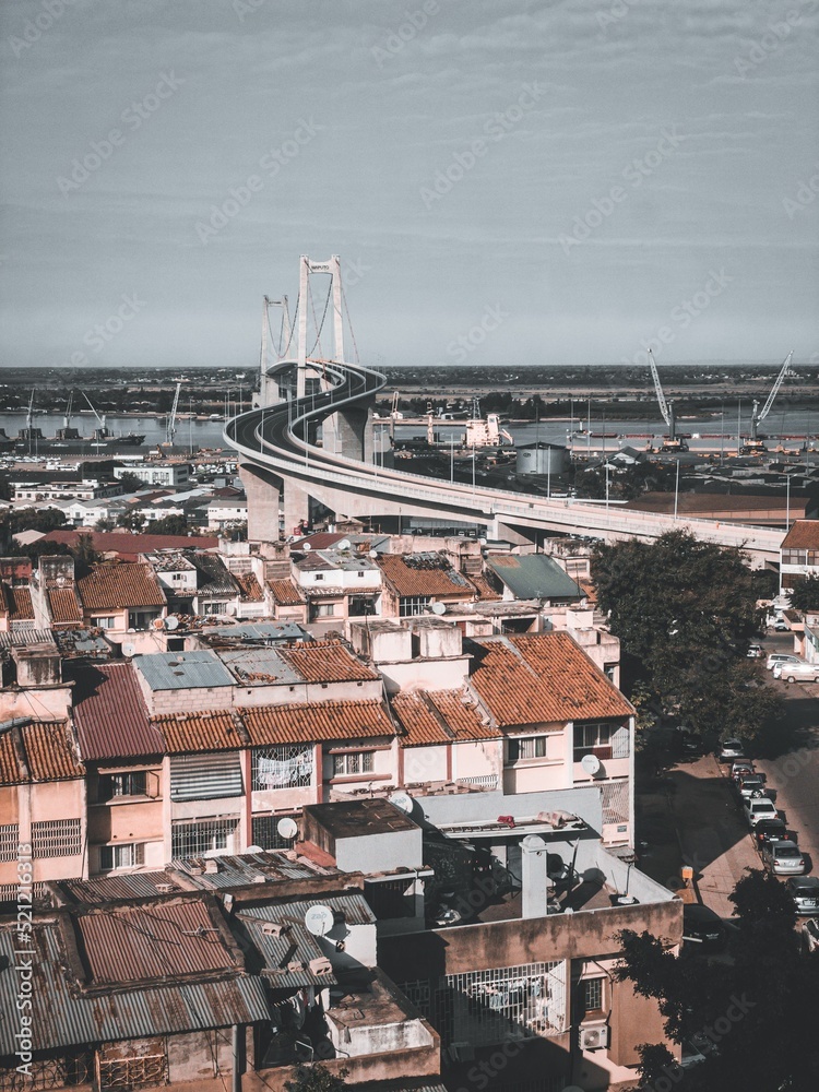 Vertical shot of the Maputo - Katembe suspension bridge crossing Maputo ...