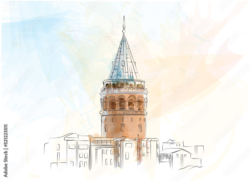 Galata tower Istanbul turkey drawing color, VECTOR Stock Vector | Adobe ...