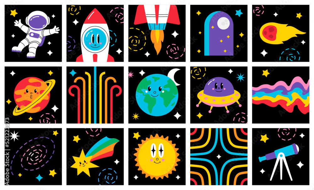Space theme cartoon character collection. Vector cute illustration in ...