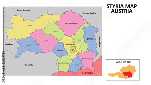 Plakat Styria Map. State and district map of Styria. Political map of ...