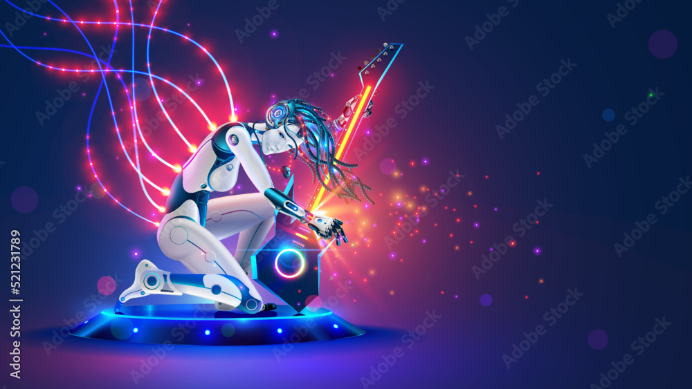 A robot rock musician plays guitar at a concert. Cyborg rocker kneeling ...