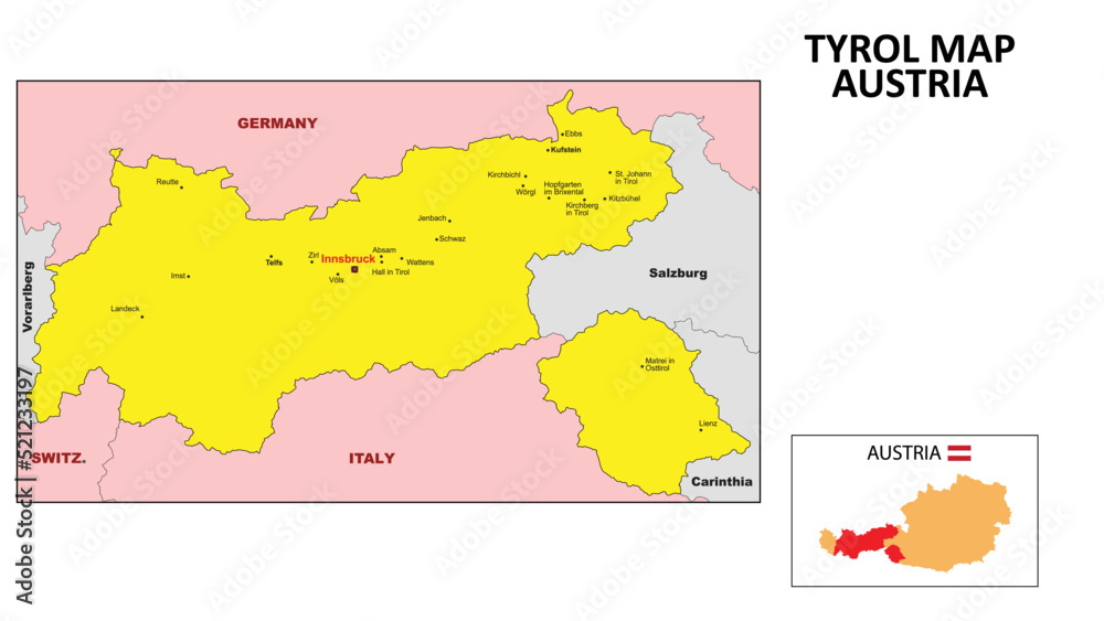 Plakat Tyrol Map. State and district map of Tyrol. Political map of ...