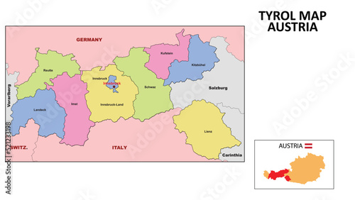 Naklejka Tyrol Map. State and district map of Tyrol. Political map of ...