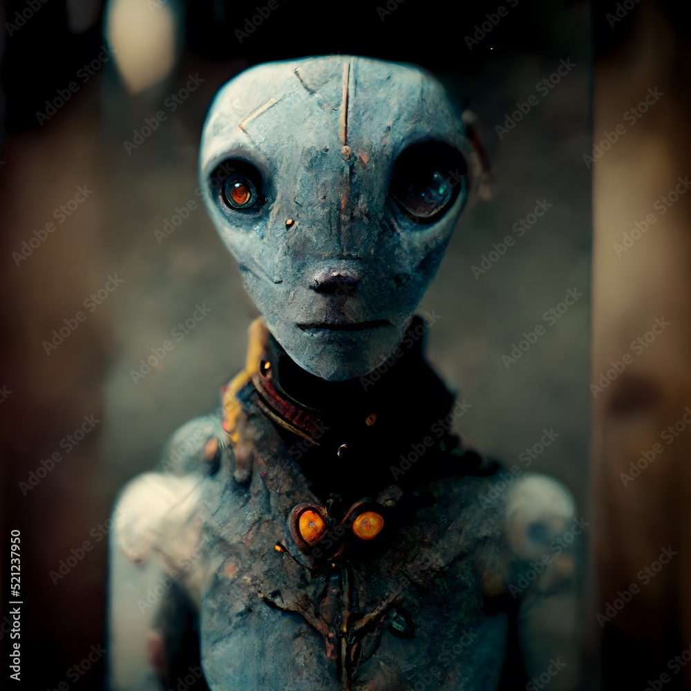 Alien creature creepy Portrait 3D illustration with dramatic lighting ...