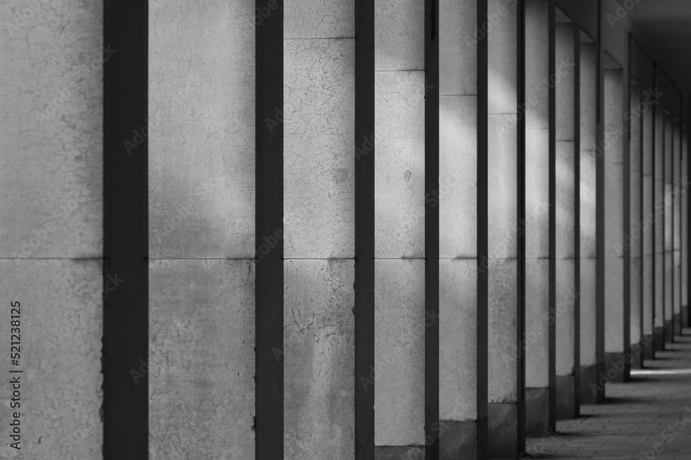 Grayscale of a building with concrete columns Stock Photo | Adobe Stock
