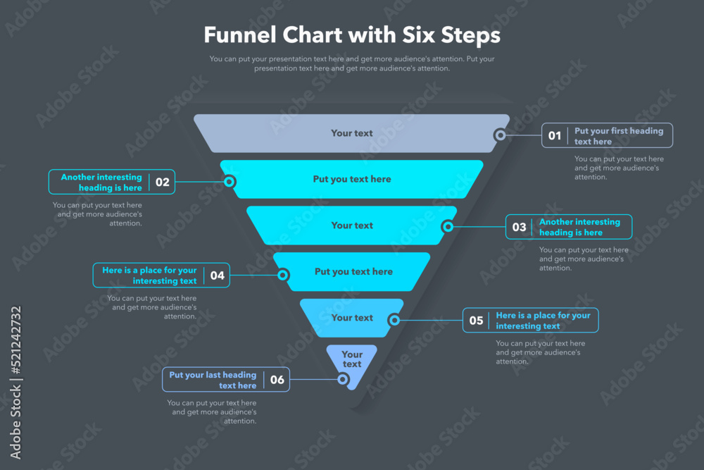 Vetor de Funnel chart template with six steps - dark version. Slide for ...