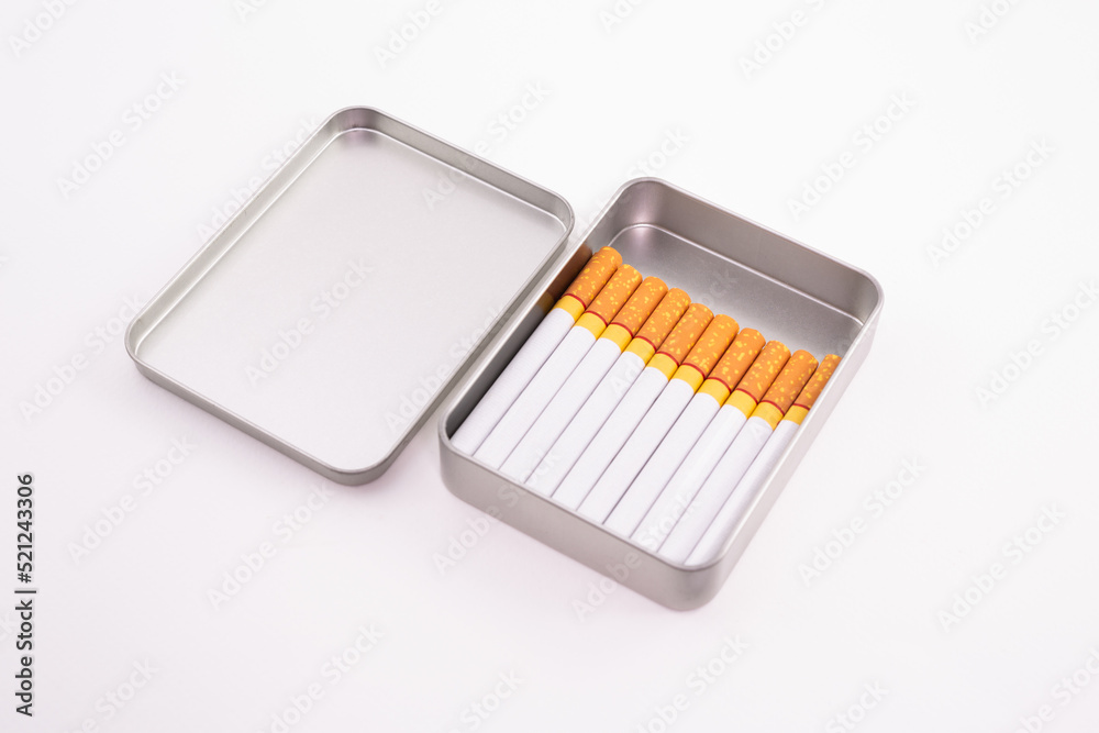 Cigarette in metal box. smoking cigarettes . cigarette filter tubes ...