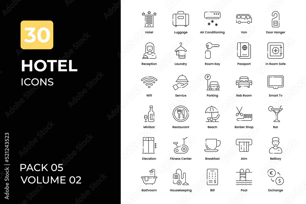 Hotel icons collection. Set contains such Icons as reception, waiter ...