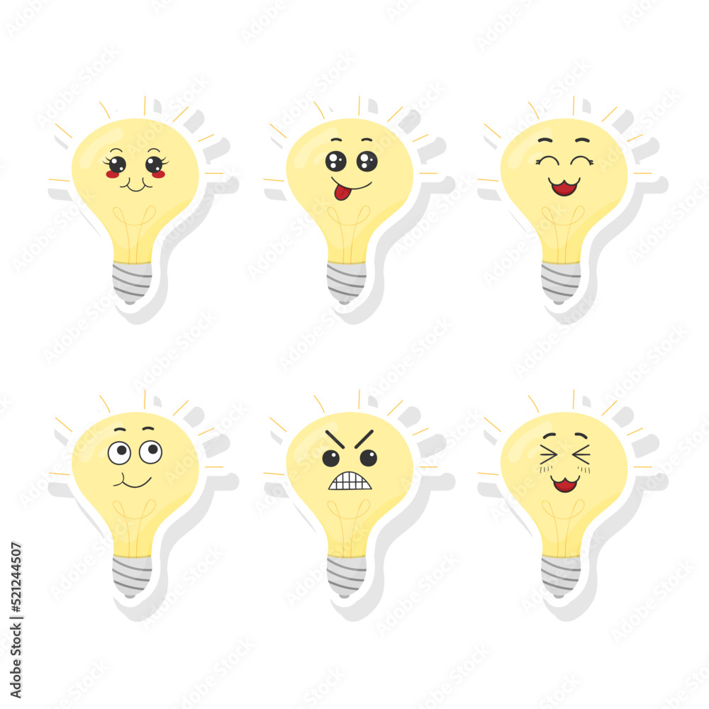 Vector set of funny light bulb stickers with kawaii emotions. Kawaii ...