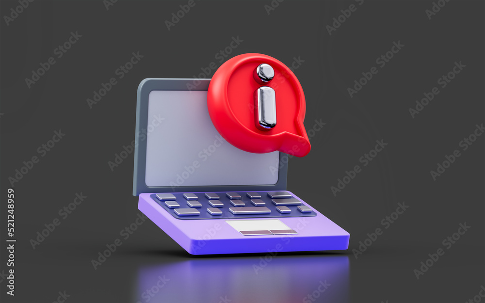 laptop sign with exclamation on dark background 3d render concept for ...