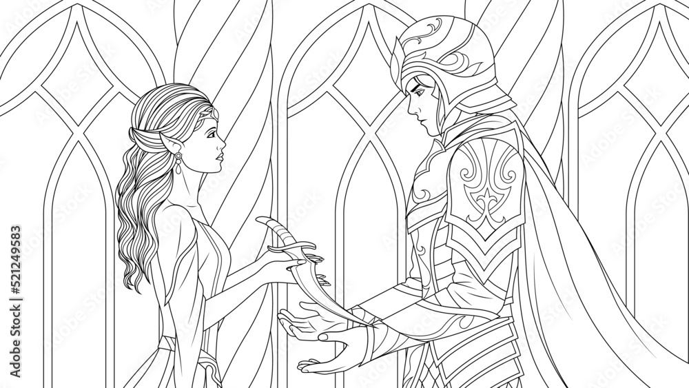 Vector illustration, a beautiful princess gives an enchanted sword to a ...