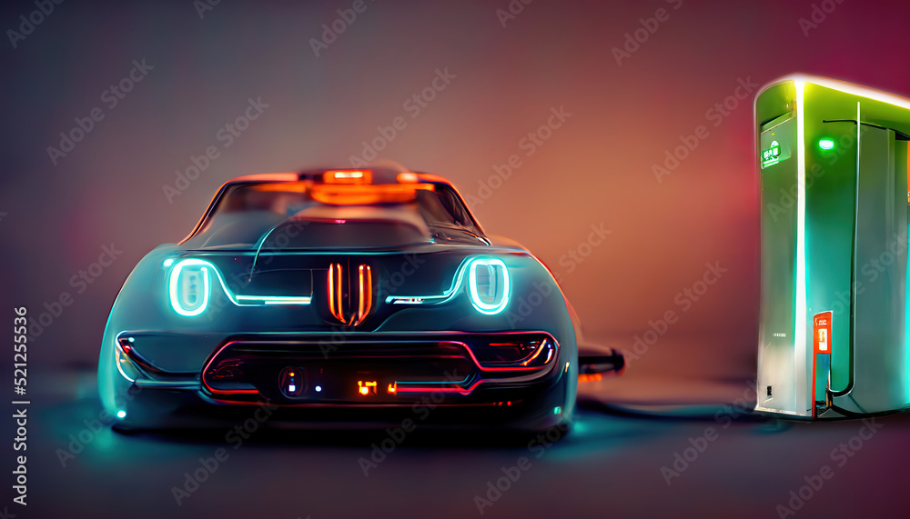 Plakat A futuristic neon electric car is being charged from a power ...
