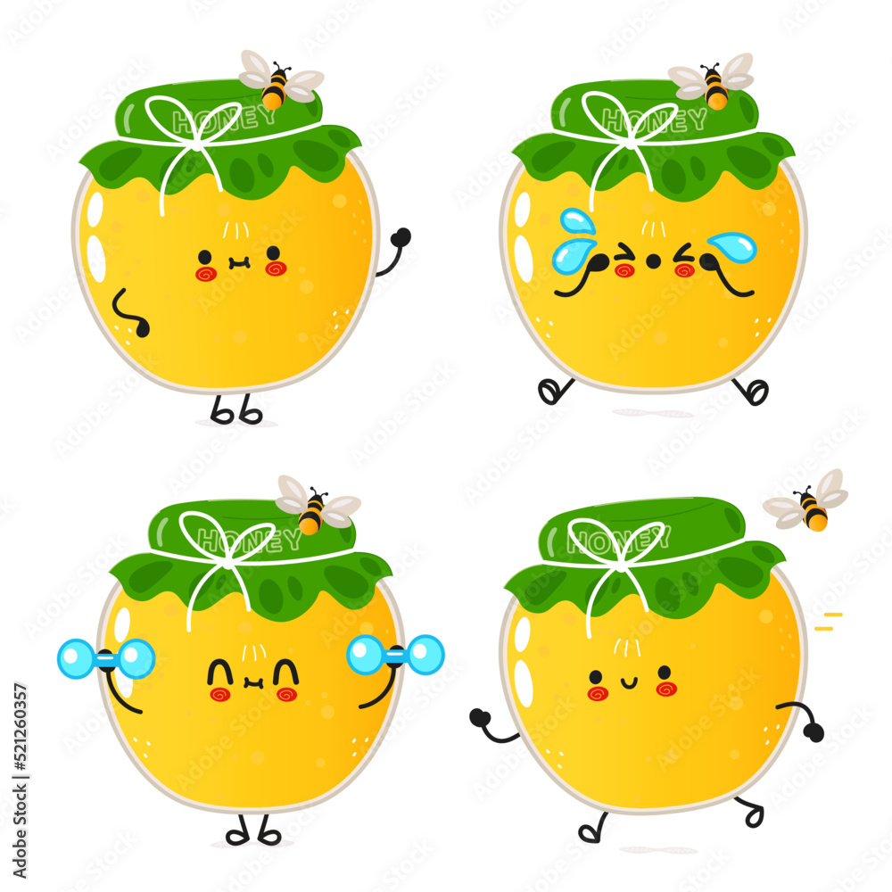 Funny cute happy jar of honey characters bundle set. Vector hand drawn ...