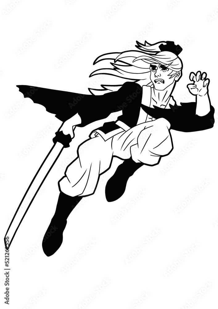 A samurai guy in a jump holds a katana in his hand his long hair ...
