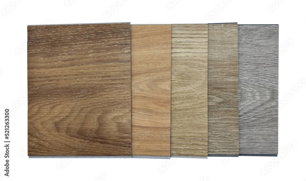 palette of modern vinyl flooring tile collection. stack of samples of ...