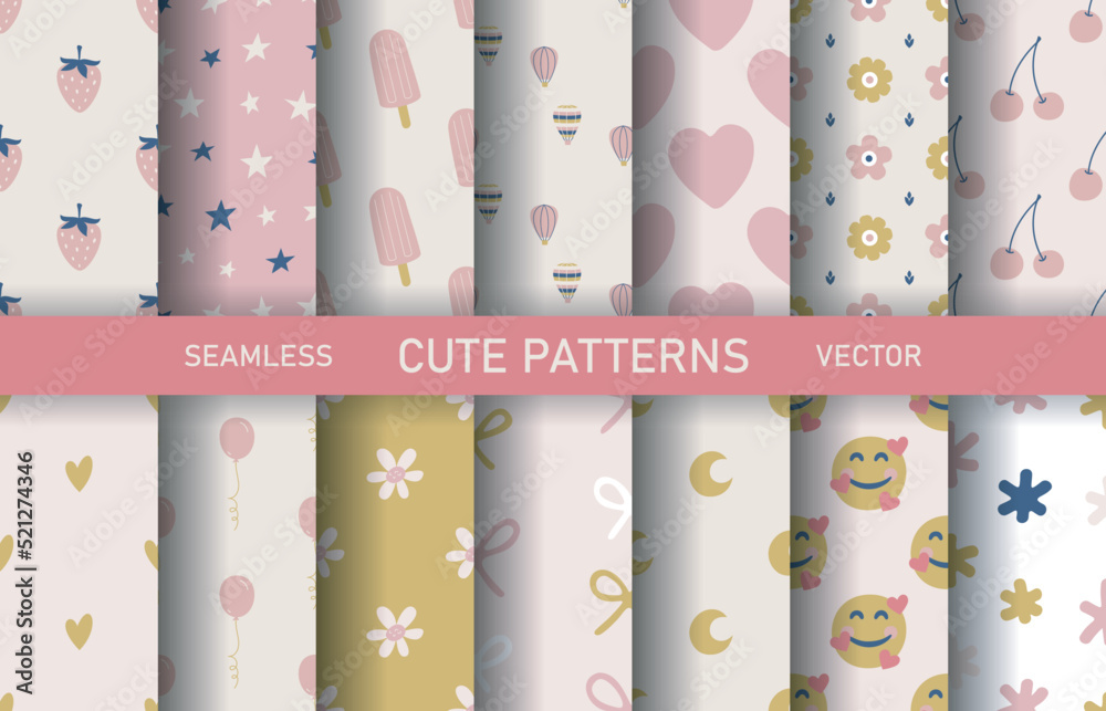 Set of seamless vector cute patterns. Collection of multicolor hand drawn scrapbook decoration ...