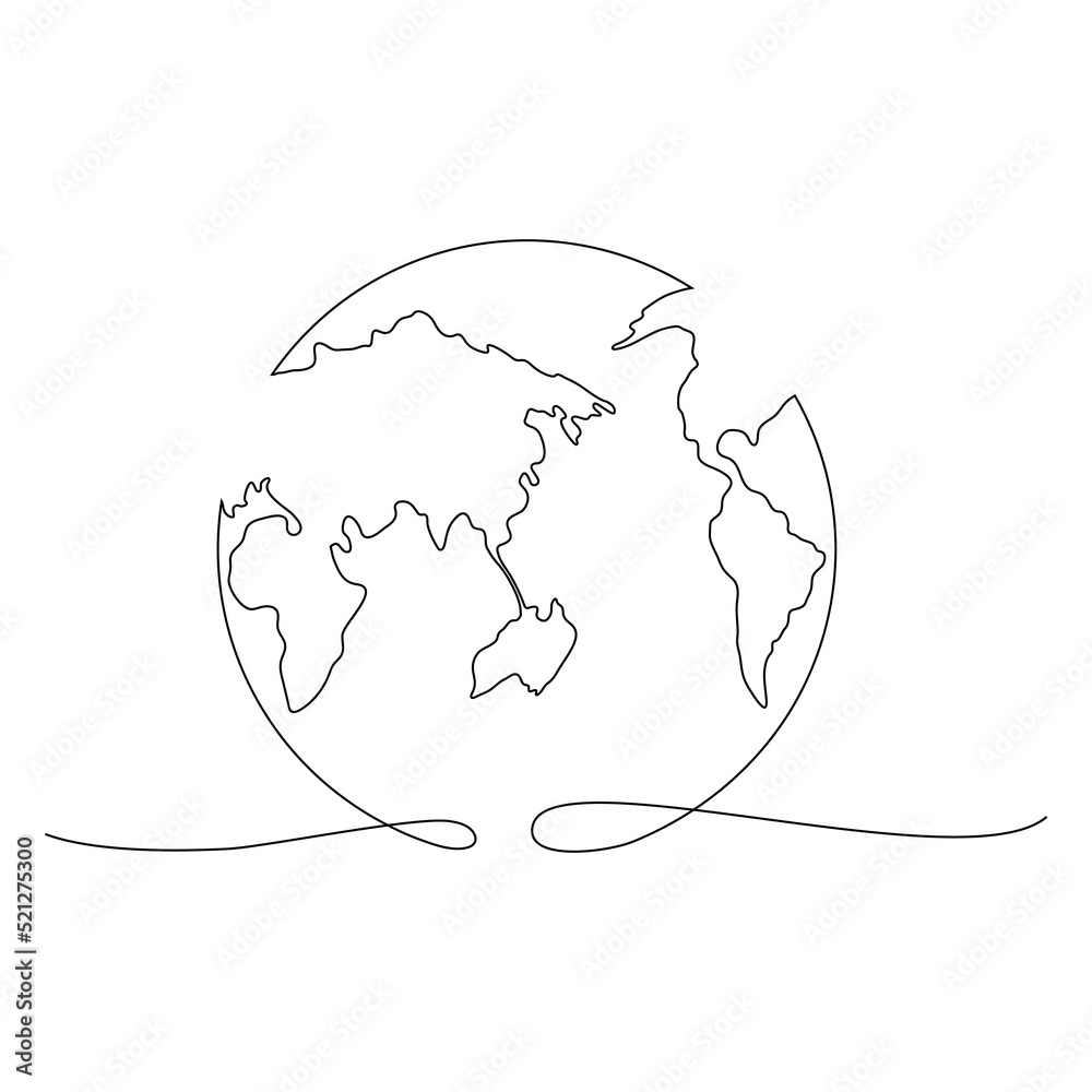 World map one line art. Continuous Earth doodle line drawing. Earth ...