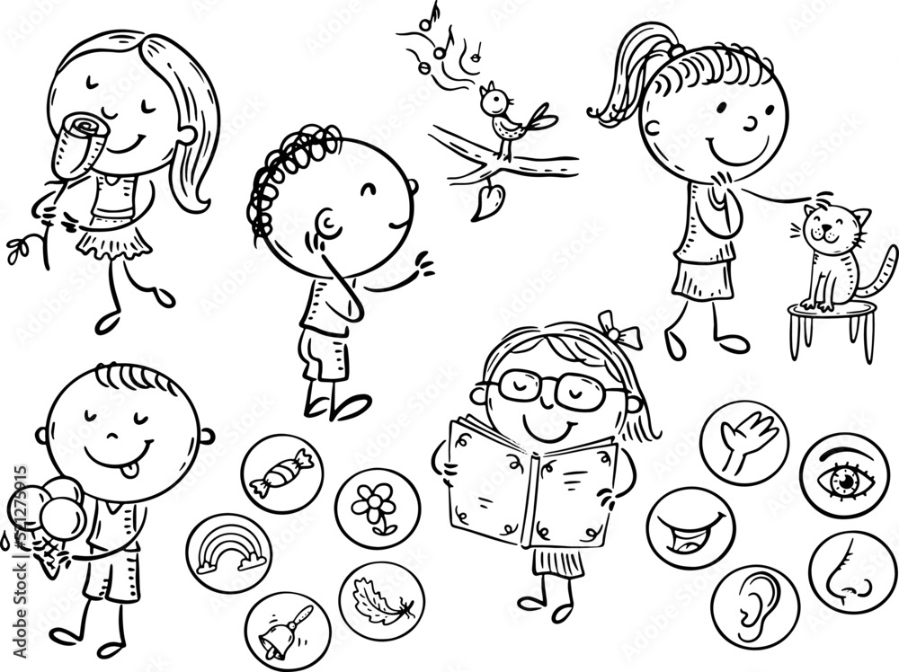 Line drawing of children showing five senses: smell, hear, sight, taste ...