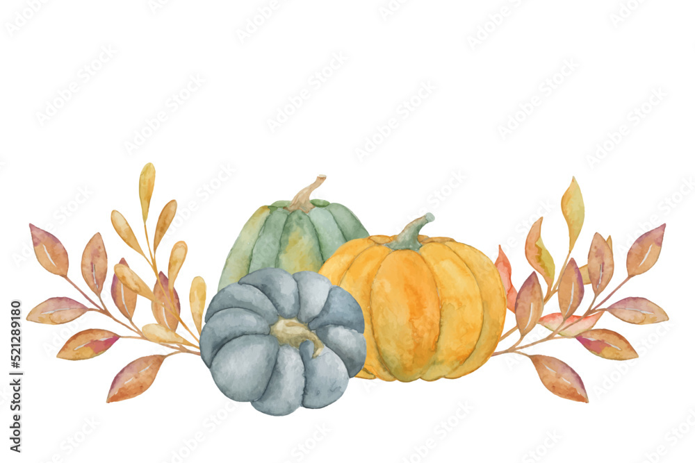 hand drawing autumn border with three colored pumpkin and yellow autumn ...