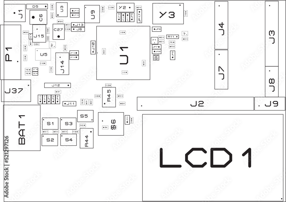 Vetor de Assembly drawing of the printed circuit board of an electronic ...