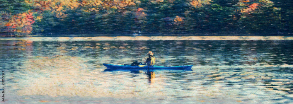 Kayaking Burke Lake in Virginia, with fall foliage. A person, a man ...