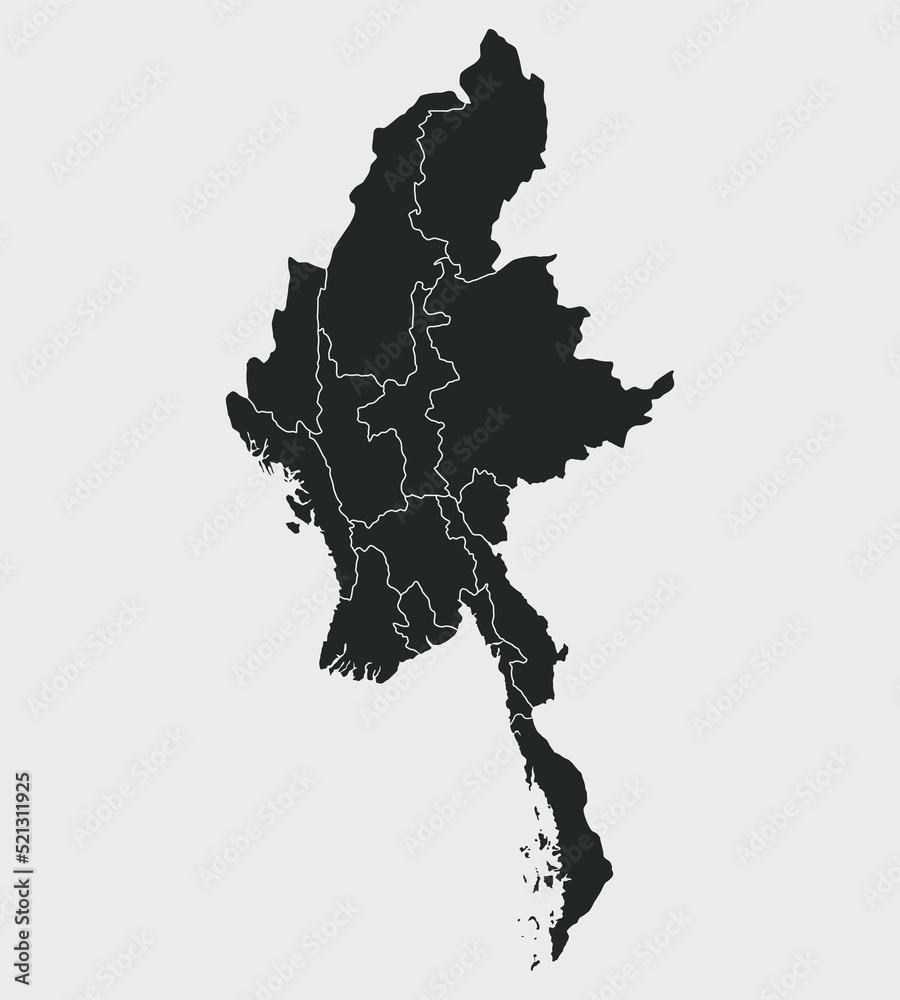 Myanmar map with regions isolated on white background. Map of Myanmar ...