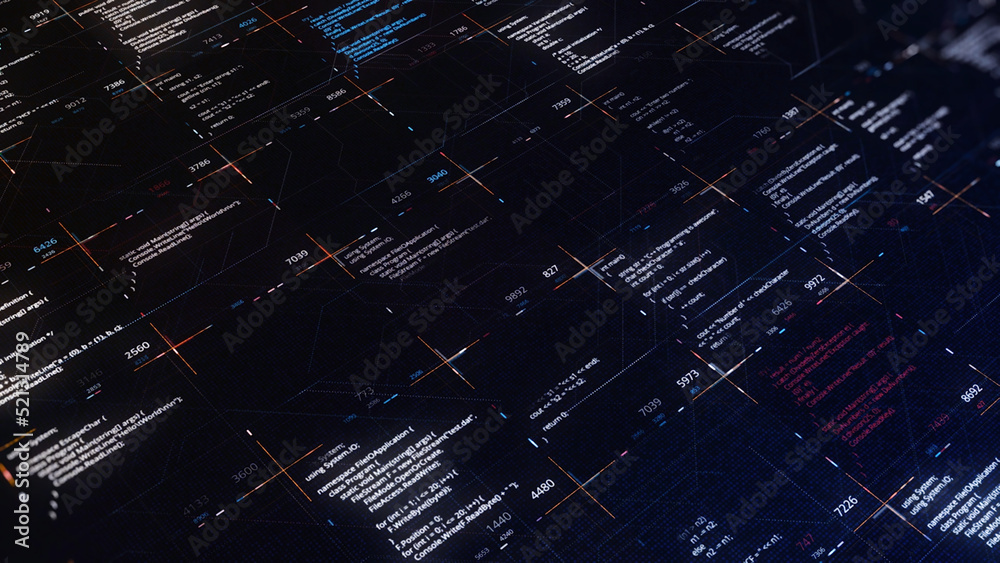 Multiple source codes on digital background. Animation. Program codes in cells of computer's ...