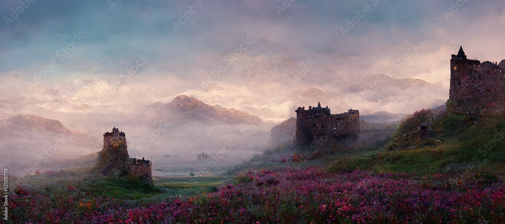 ภาพประกอบสต็อก Explore imaginative Scottish castles and ruins in dreamy ...