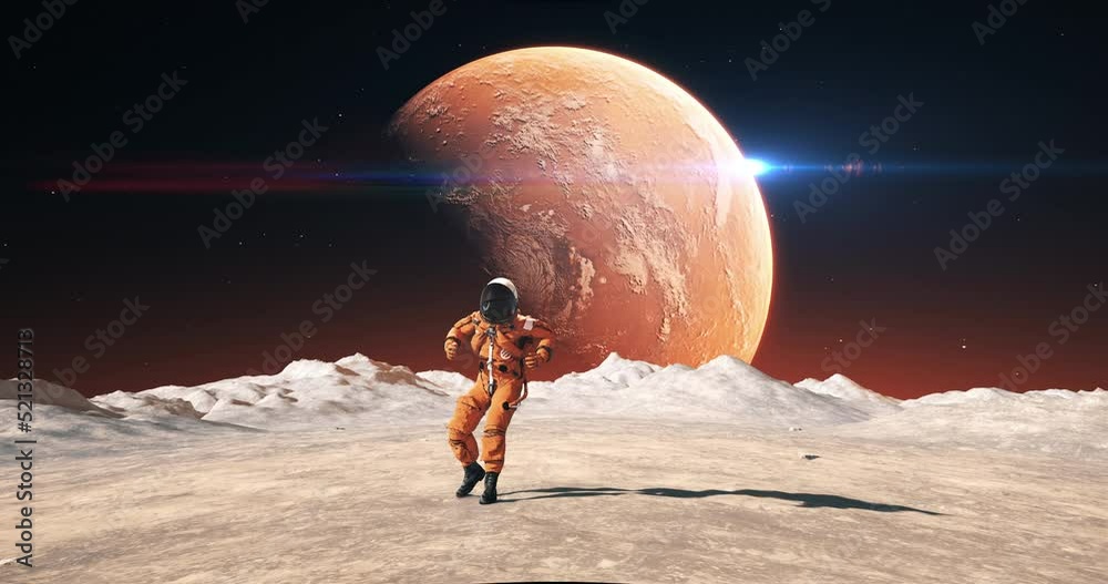 Happy Male Astronaut On The Surface Of An Alien Planet. Red Planet Is ...