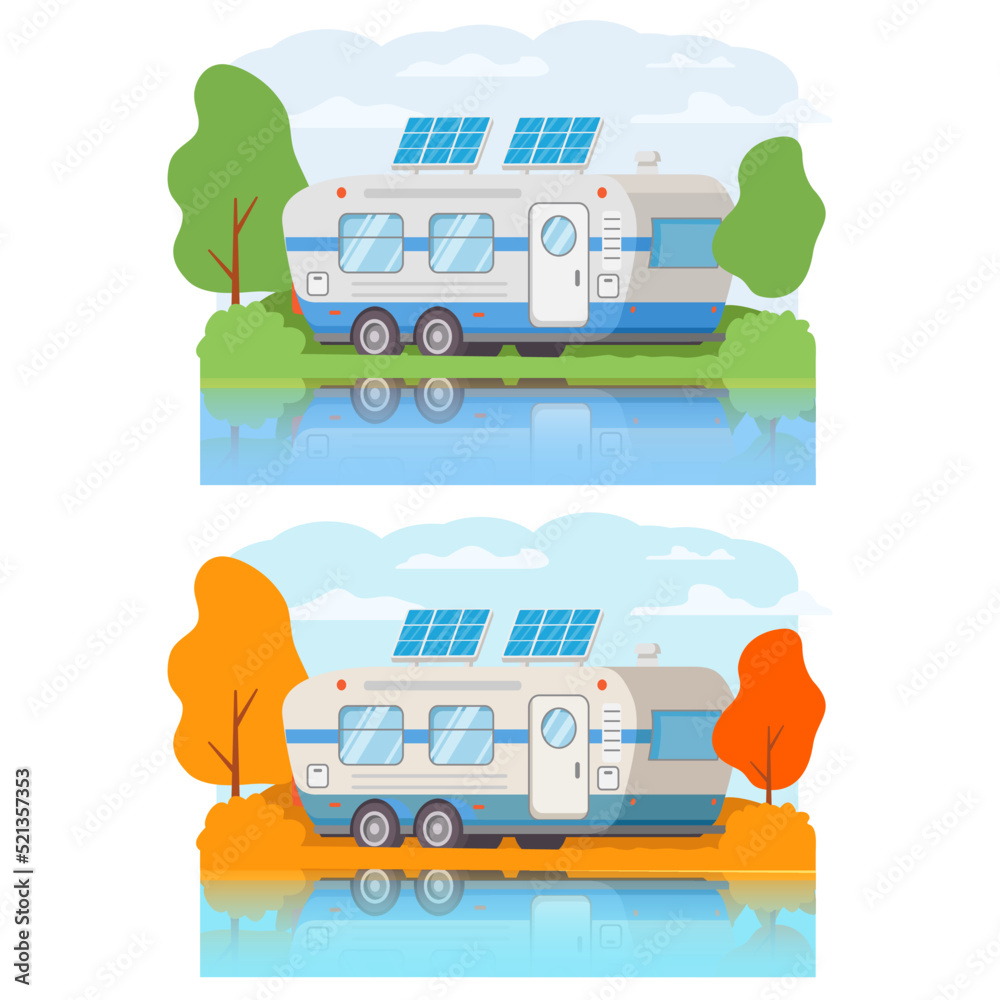 Eco-friendly motorhome.Solar panel van caravan.Renewable energy concept ...