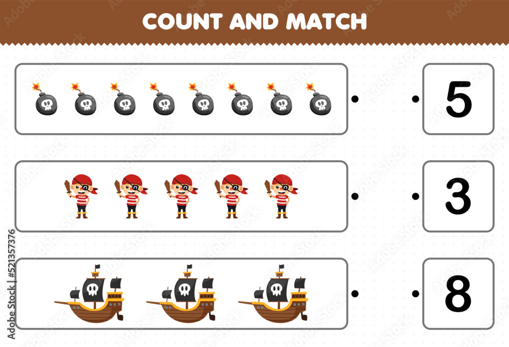 Education game for children count the number of cute cartoon bomb ship ...