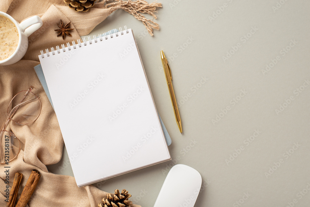 Autumn business concept. Top view photo of workspace notepad gold pen ...