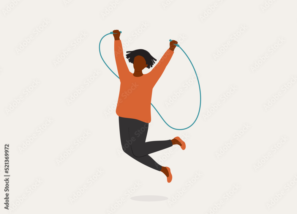 One Young Black Woman Jumping With Skipping Rope. Full Length. Flat ...
