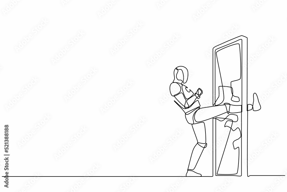 Single one line drawing robot kicking locked door and destroy. Future ...