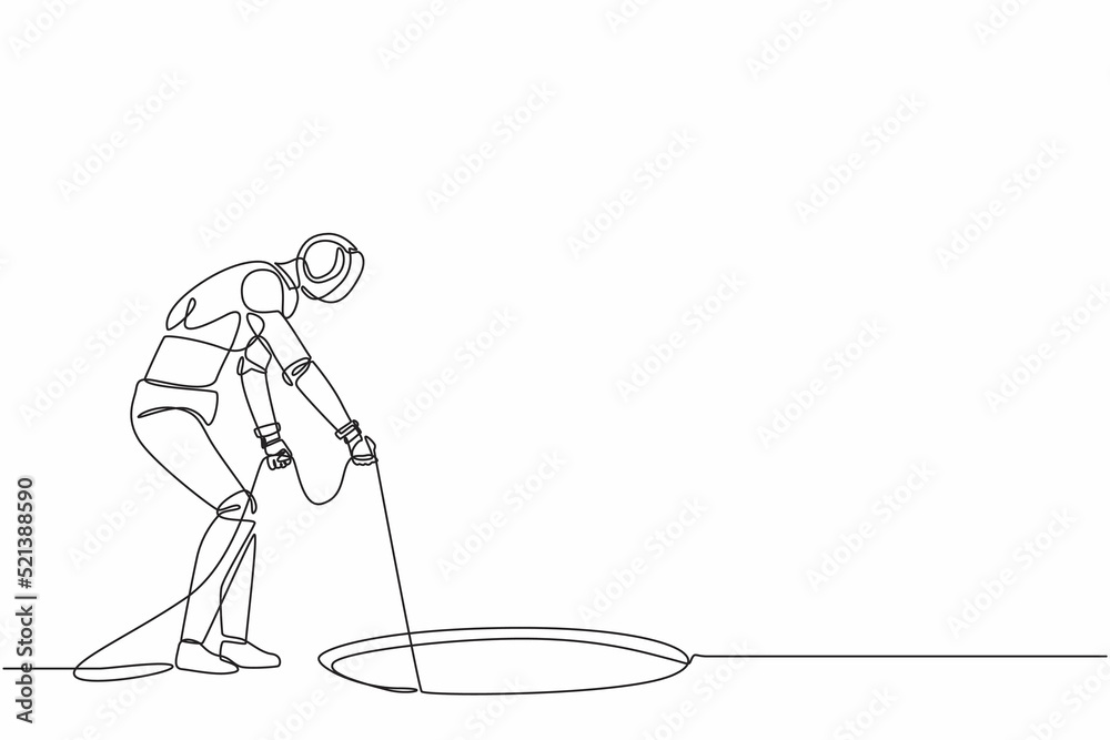 Continuous one line drawing robot stretch out rope into hole. Wondering ...