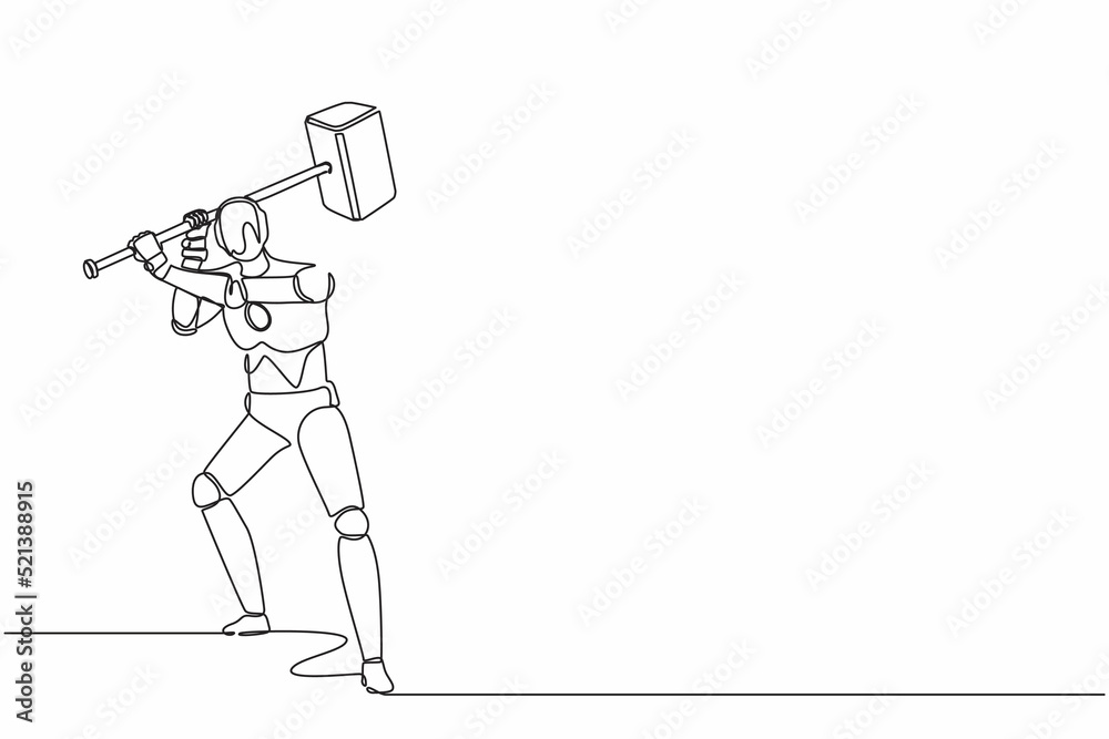 Continuous one line drawing robot standing and swinging big hammer ...