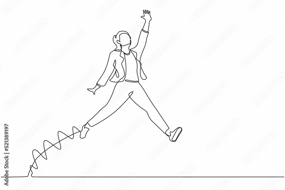 Single one line drawing happy businesswoman jumping with spreads both ...